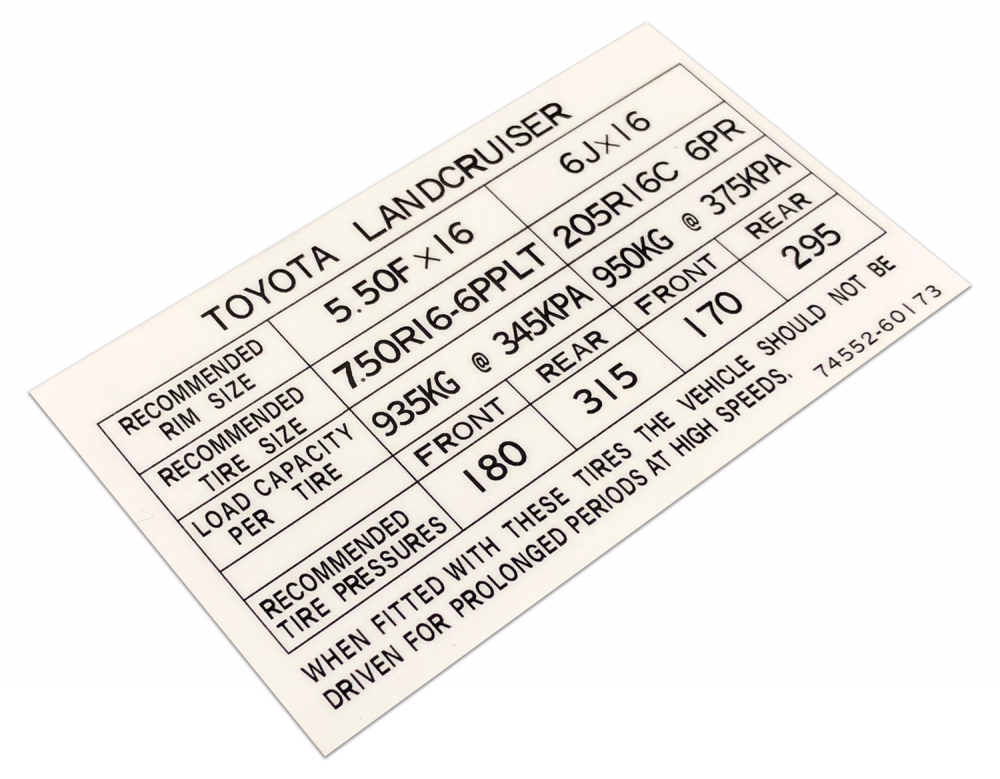 TYRE PLACARD DECAL : 60-SERIES LAND CRUISER (#74552-60173)