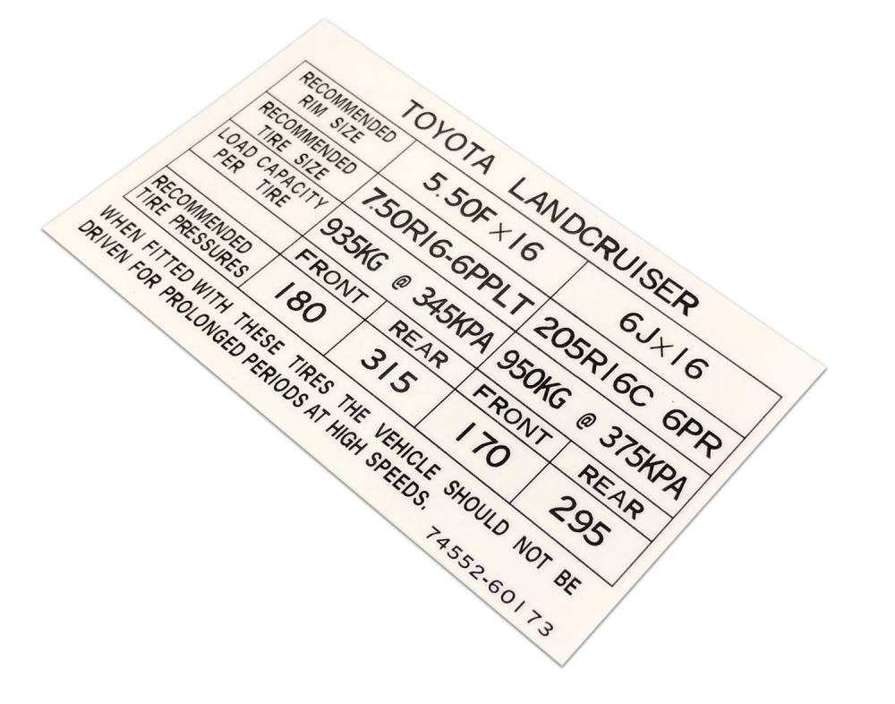 TYRE PLACARD DECAL : 60-SERIES LAND CRUISER (#74552-60173)